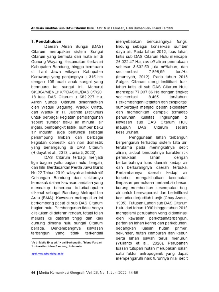 Pendahuluan: Analisis Kualitas Sub DAS Citarum Hulu | PDF