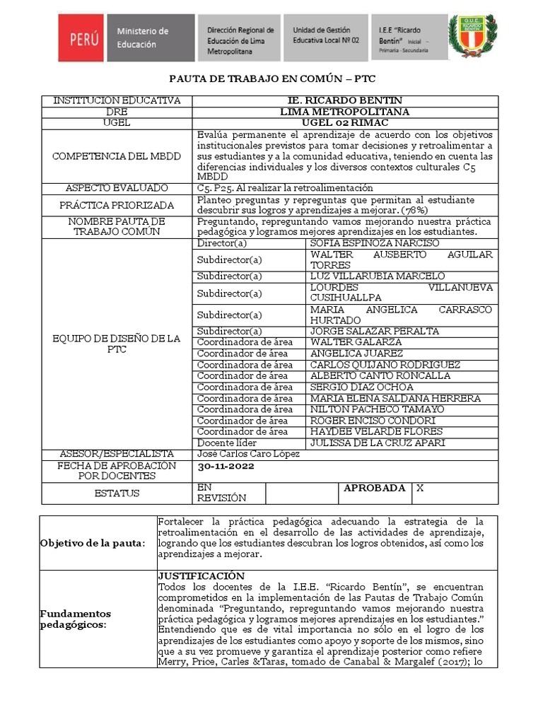 Pauta de Trabajo en Común - PTC Ie. Ricardo Bentin Lima Metropolitana ...
