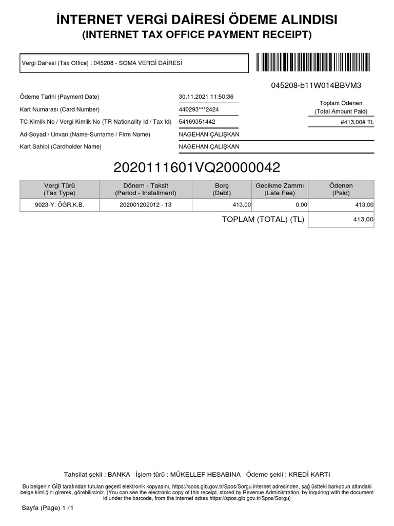İnternet Vergi Dairesi Ödeme Alindisi: (Internet Tax Office Payment Receipt) | PDF