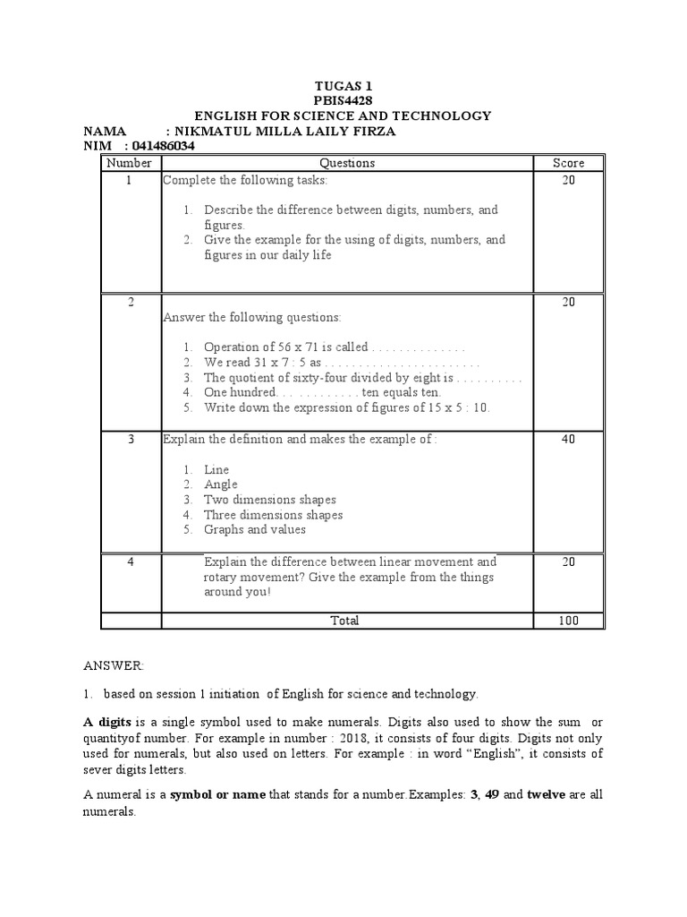 Jawaban Tugas 1 English For Science&technology-Nikmatul Milla Laily Firza-041486034 | PDF ...