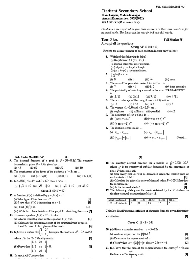 Radiant Secondary School: Mathematics | PDF