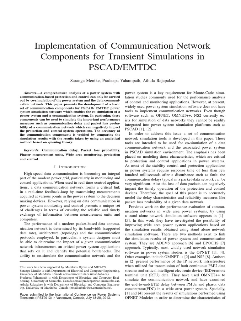 Implementation of Communication Network Components For Transient Simulations in Pscad/Emtdc ...