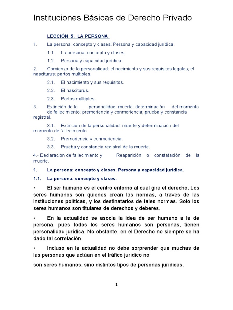 Instituciones Básicas de Derecho Privado: Lección 5. La Persona | PDF | Competencia (ley) | Muerte