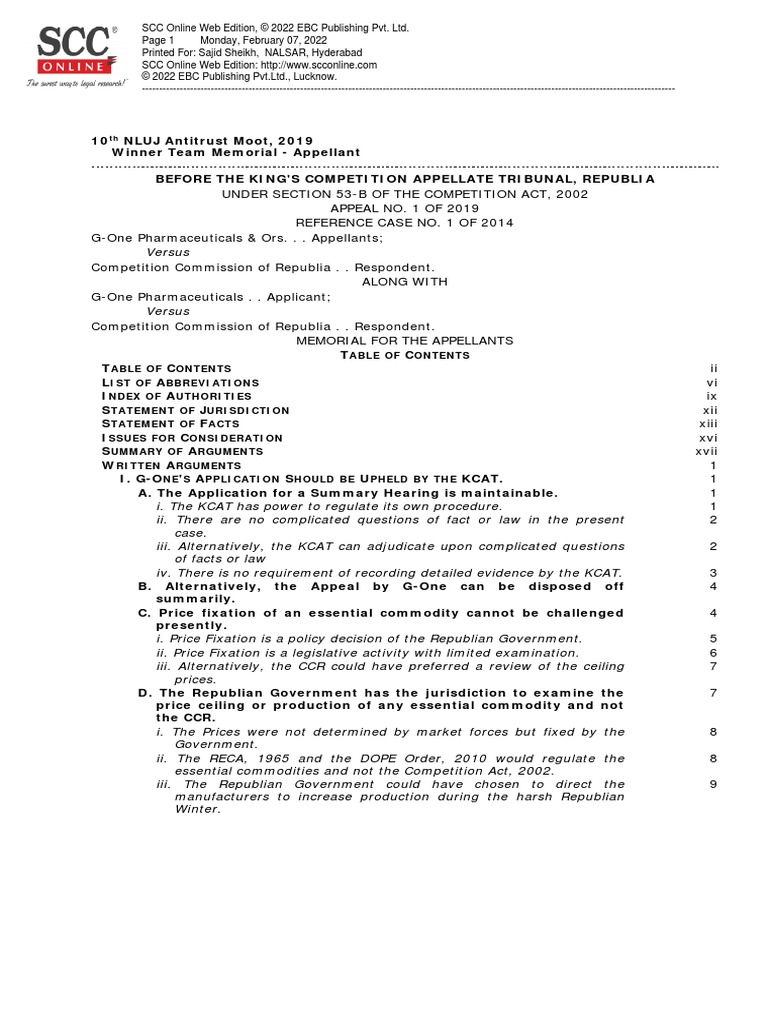 Winner Team Memorial Appellant Nluj Antitrust Moot 10 2019 Library ...