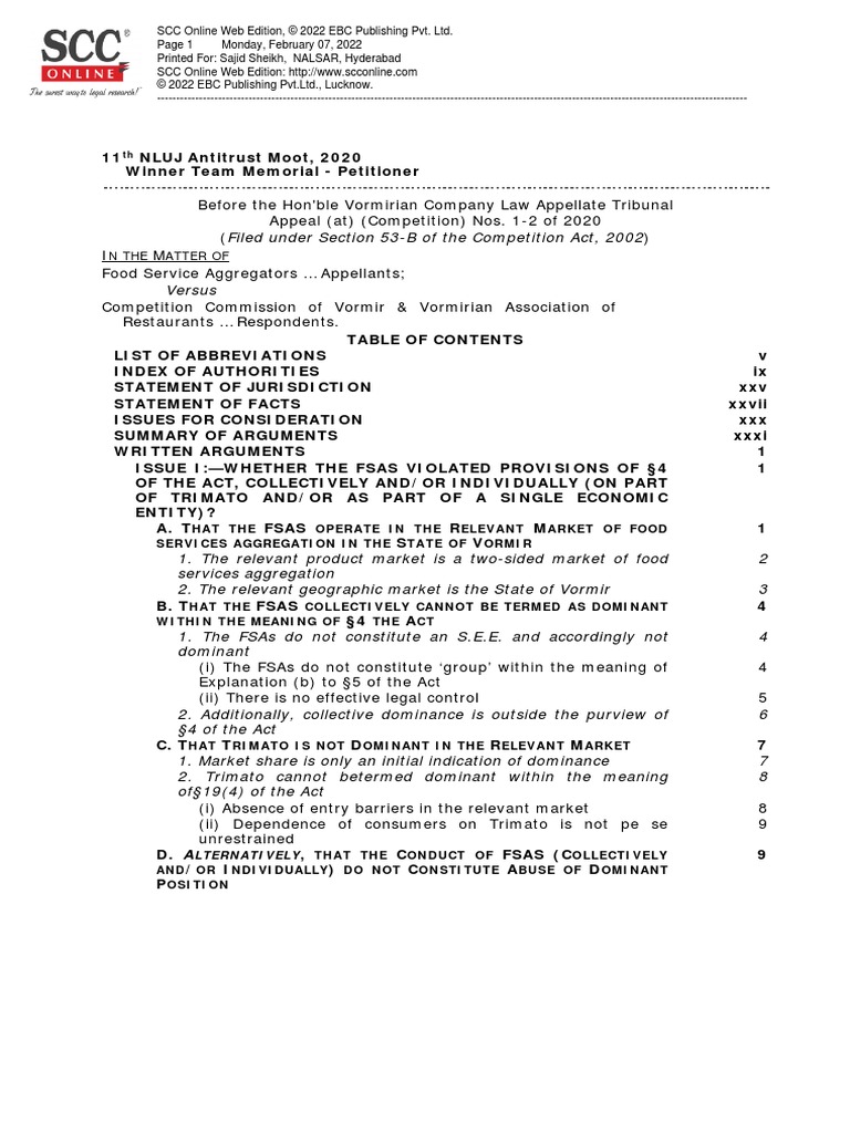 Winner Team Memorial Petitioner Nluj Antitrust Moot 11 202 Library ...