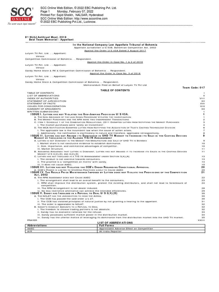 Best Team Memorial Appellant Nluj Antitrust Moot 09 2018 T Library ...