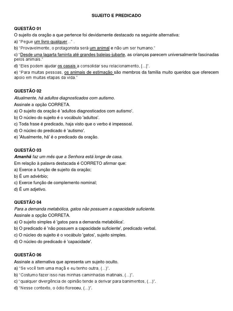 Exercícios - Sujeito e Predicado | PDF | Assunto (gramática) | Predicado (gramática)