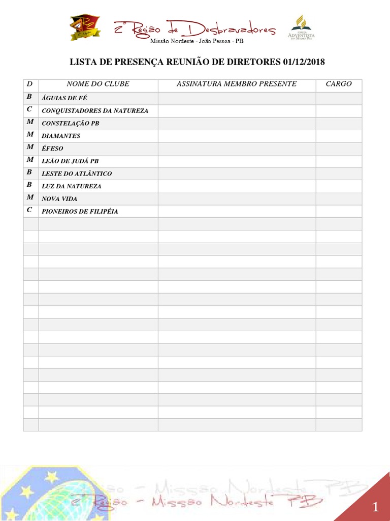 MODELO - LISTA DE PRESENÇA E RASCUNHO ATA REUNIÃO DIRETORES | PDF