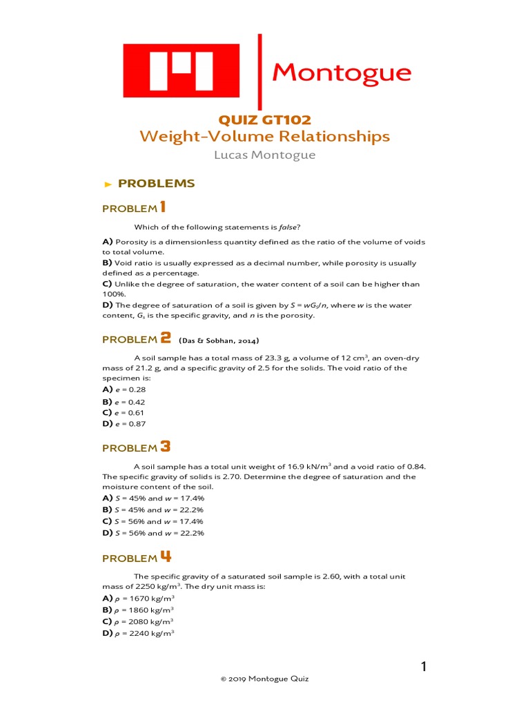 Weight-Volume Relationships: Quiz Gt102 | Download Free PDF | Density ...