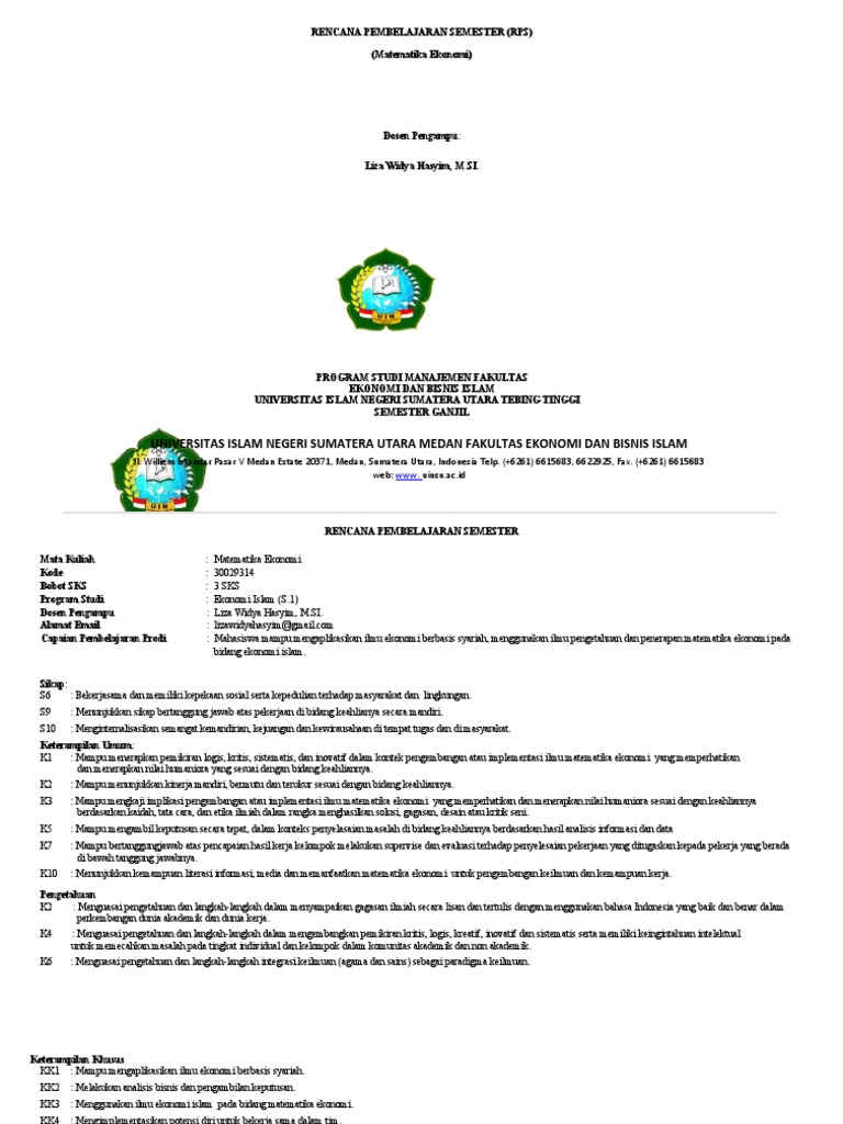 RPS-LIZA WIDYA HASYIM (Matematika Ekonomi) | PDF