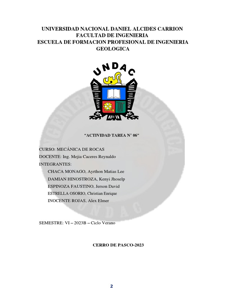 MECANICA DE ROCAS - TAREA N°06 - Ciclo Nivelacón | PDF | Ingeniería | Ciencias Naturales