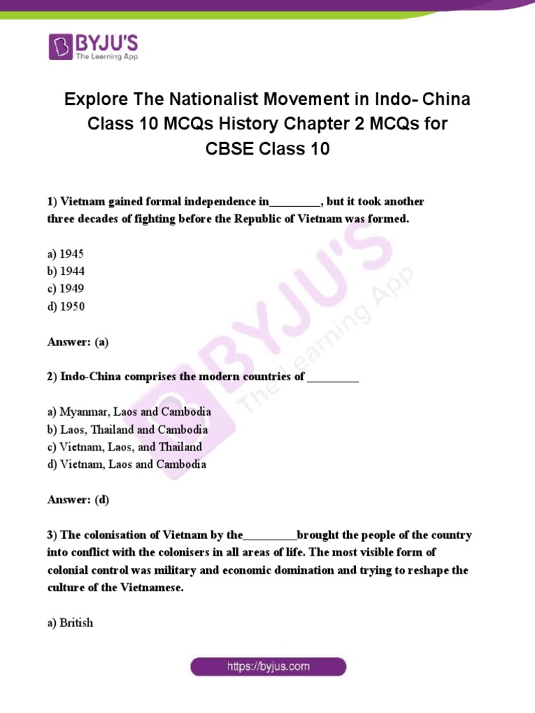Explore The Nationalist Movement in Indo-China Class 10 Mcqs History ...