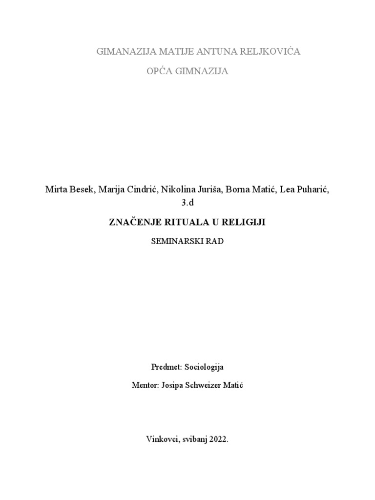 Seminarski Rad - ZNAČENJE RITUALA U RELIGIJI | PDF