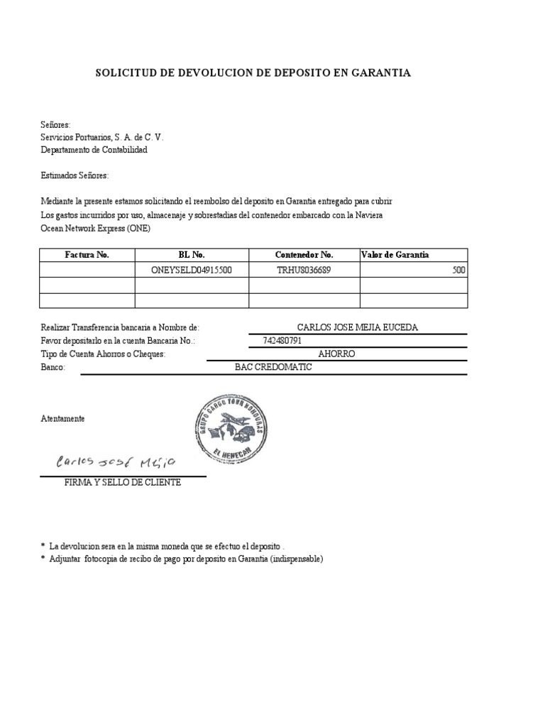 Solicitud Devolucion de Deposito en Garantia 1 | PDF