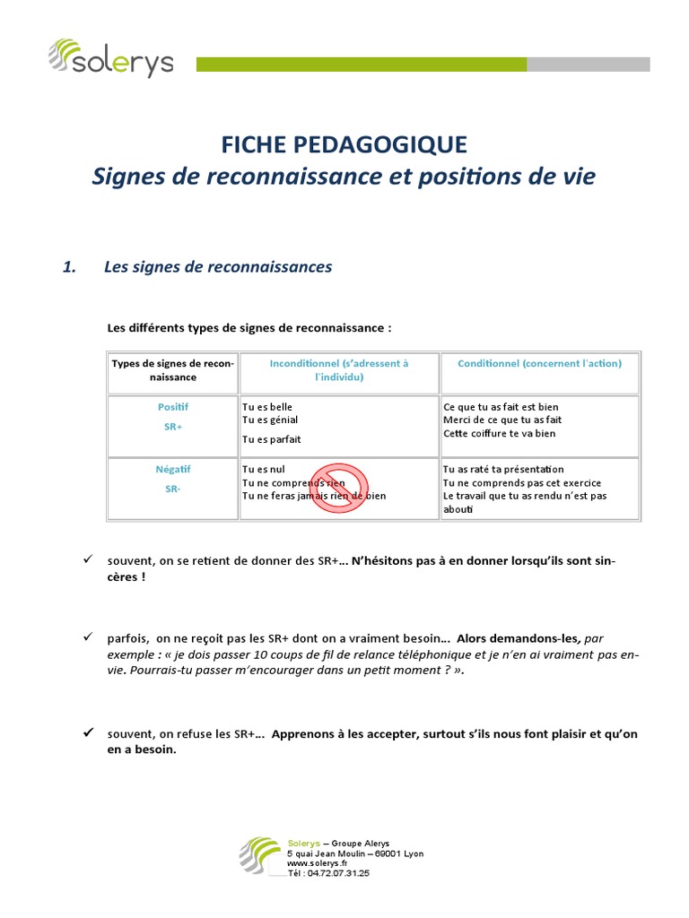 Signes de Reconnaissance - Positions de Vie | PDF