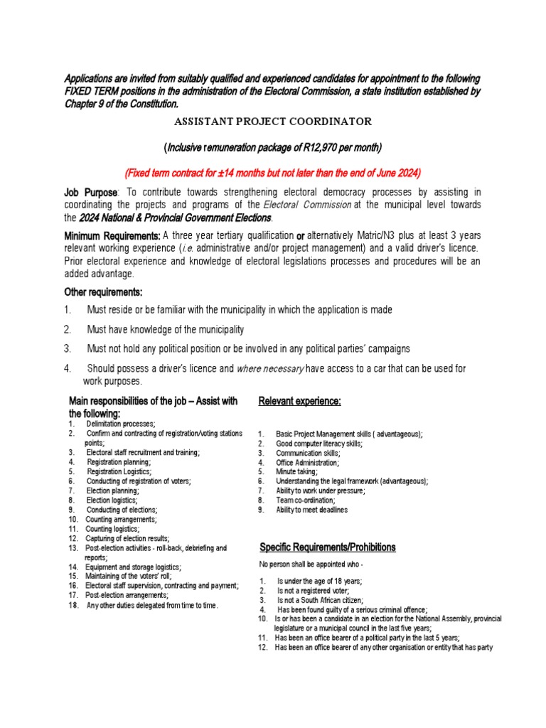 Assistant Project Coordinator | PDF | Elections | Driver's License