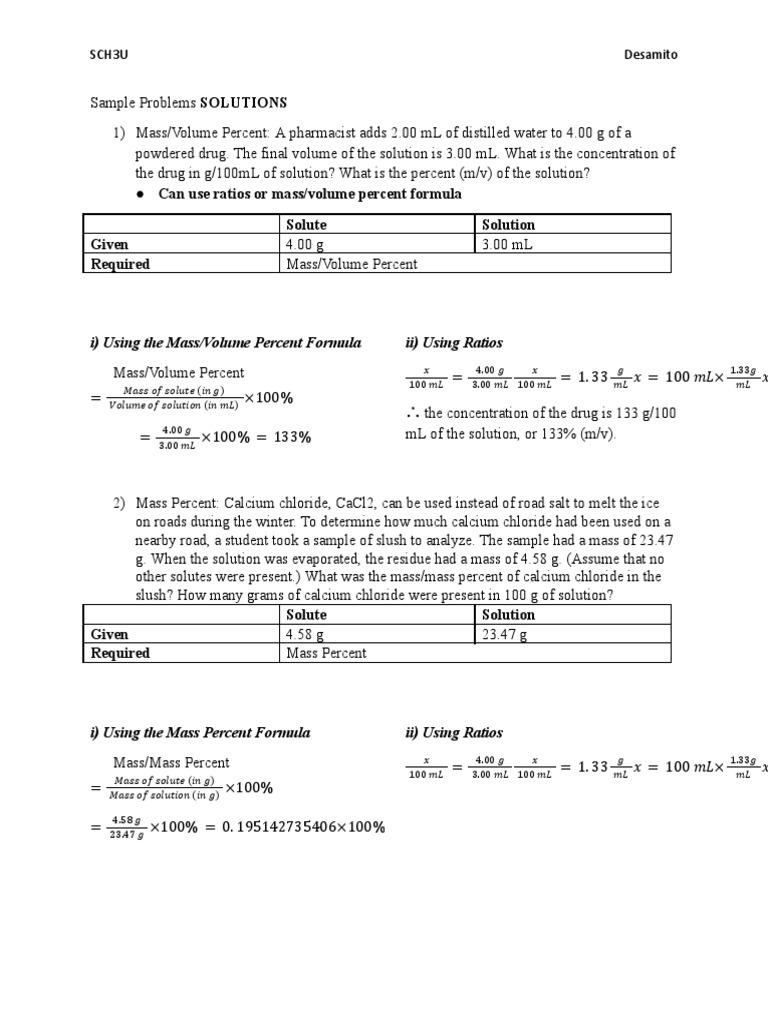 SCH3U Concentration of Solutions SAMPLE PROBLEM ANSWERS | PDF | Mass ...