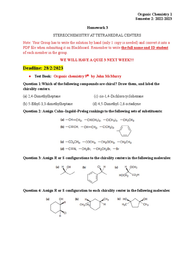 Homework 3 - STEREOCHEMISTRY AT TETRAHEDRAL CENTERS | PDF | Chirality ...