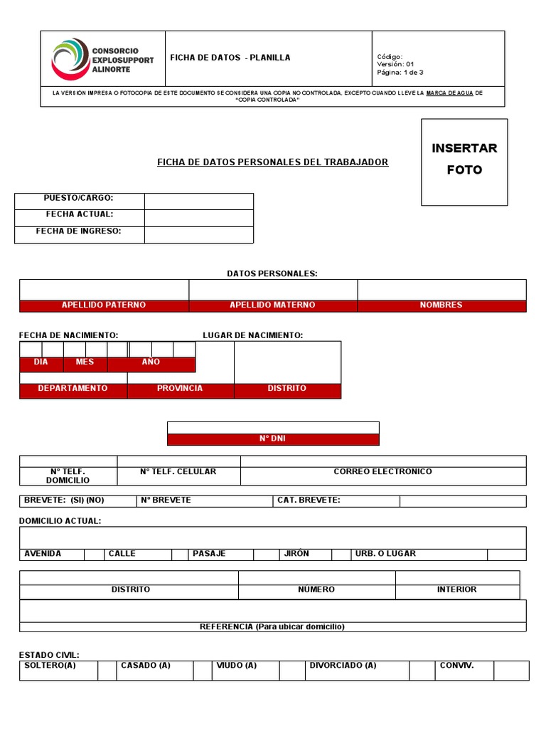 Ficha de Datos Personales Del Trabajador | PDF
