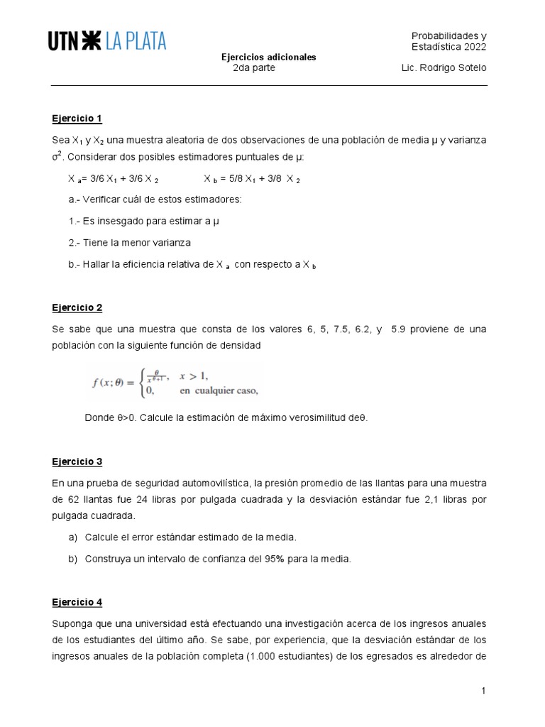 Ejercicios Adicionales 2da Parte 2022 | PDF | Desviación Estándar | Intervalo de confianza
