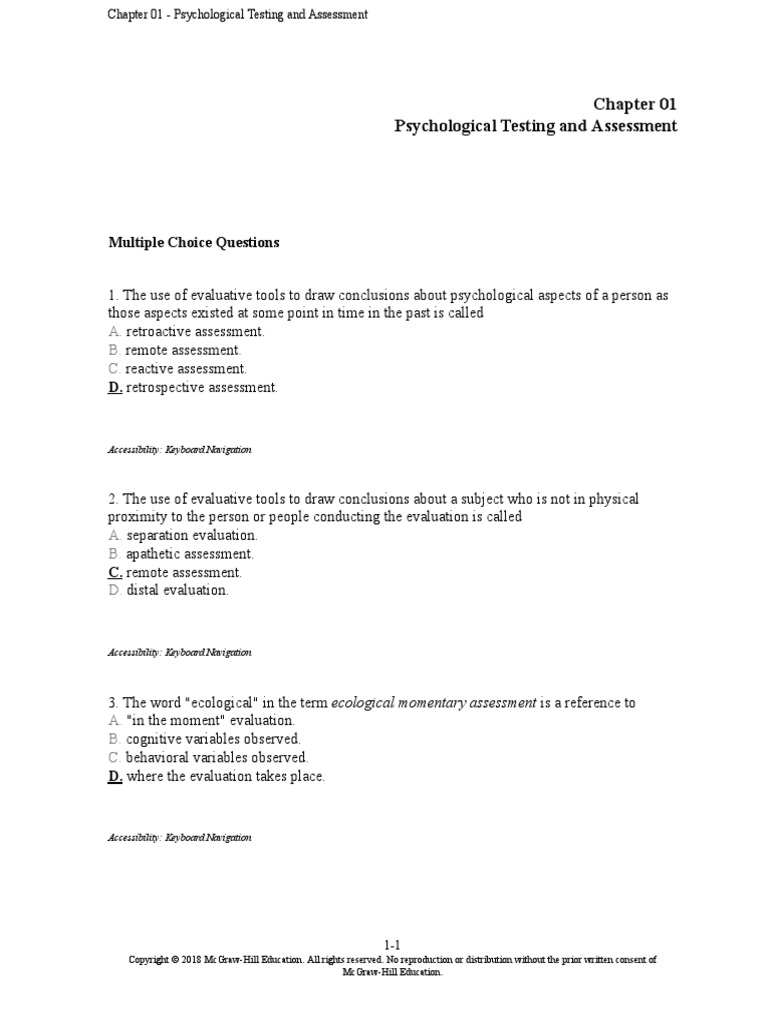 Multiple Choice Questions: Psychological Testing and Assessment | PDF ...