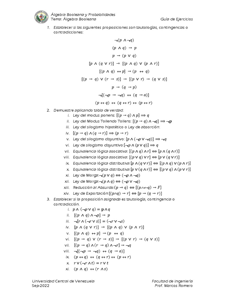 Álgebra Booleana. Guía de Ejercicios A | PDF | Sintaxis (Lógica) | Lógica matemática