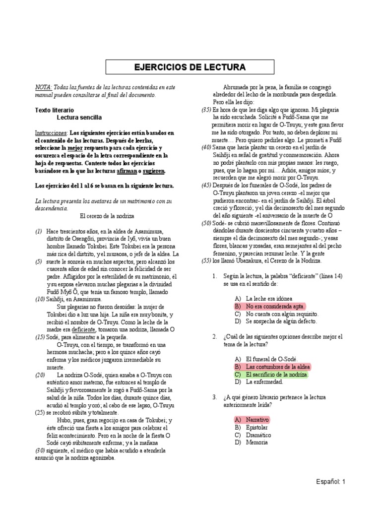 Ejericios de Lectura con respuestas. | PDF