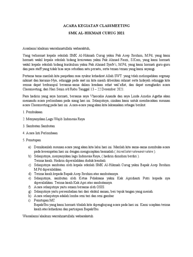Susunan Acara Kegiatan Classmeeting-1 | PDF