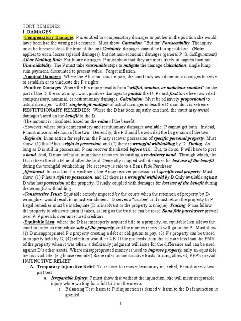 Comprehensive Guide to Tort and Contract Remedies | PDF