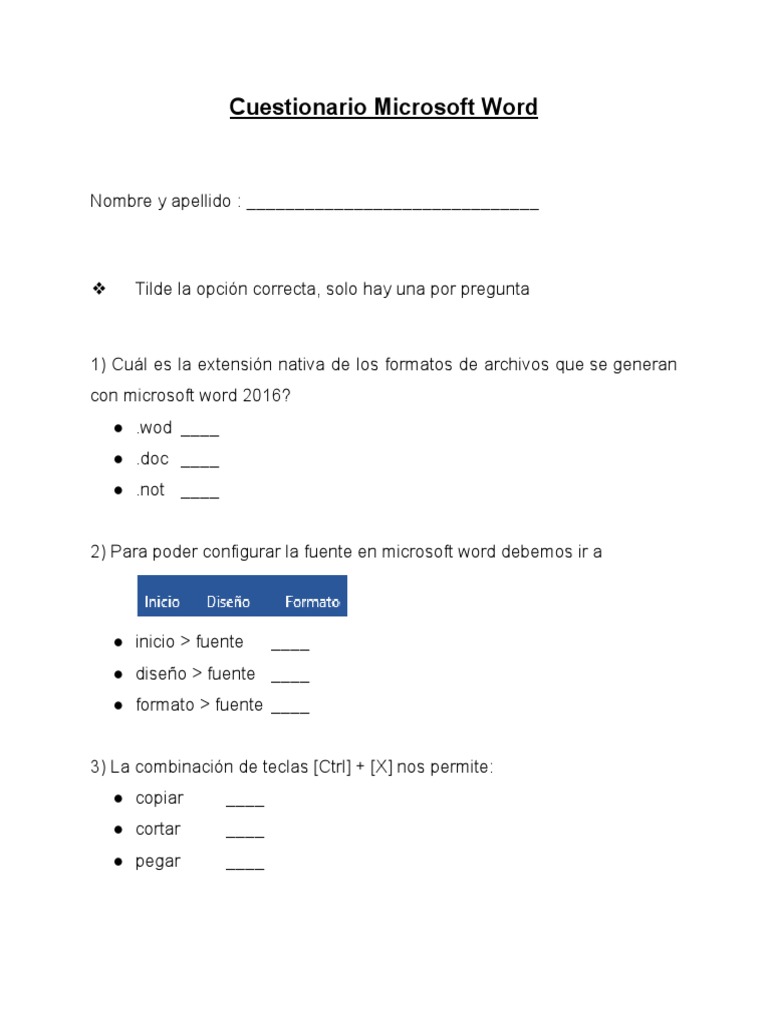 Cuestionario Microsoft Word | PDF Cuestionario Microsoft Word | PDF
