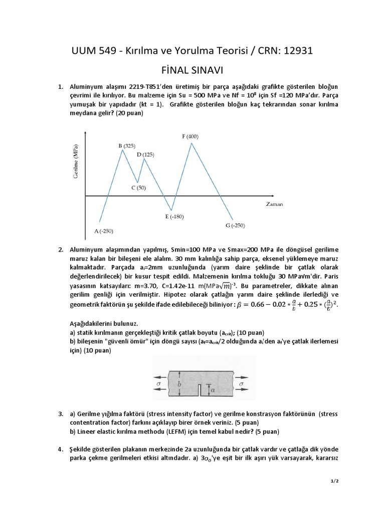 UUM 549 - Kırılma Ve Yorulma Teorisi / CRN: 12931 Final Sinavi | PDF