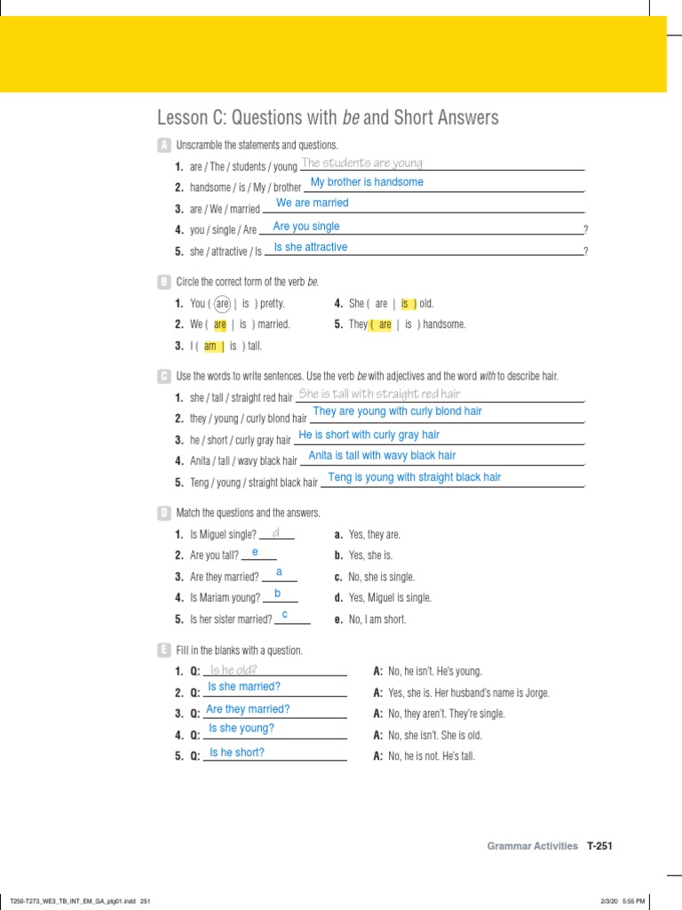 Lesson C: Questions With Be and Short Answers: The Students Are Young | PDF | Semantics ...