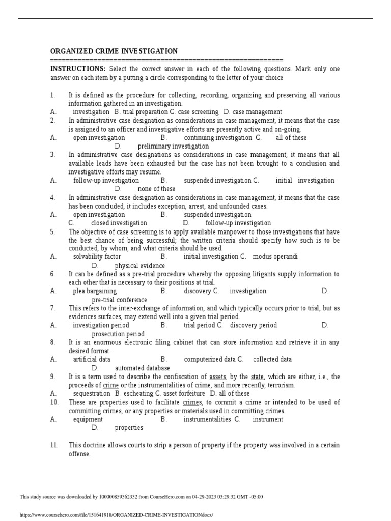 Organized Crime Investigation INSTRUCTIONS: Select The Correct Answer ...