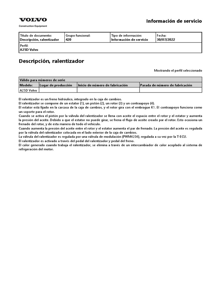 Funcionamiento del ralentizador en vehículos Volvo A25D | PDF