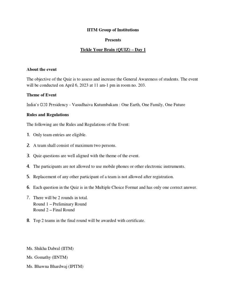 IITM Group of Institutions Presents Tickle Your Brain (QUIZ) - Day 1 ...