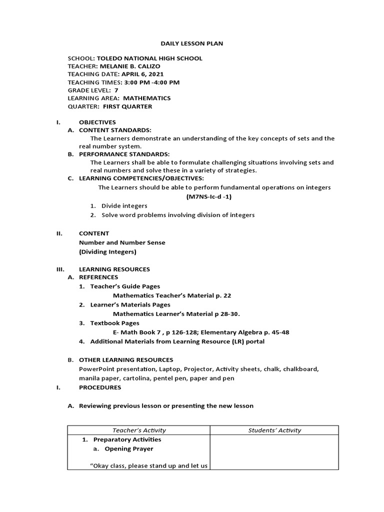 COT-Division of Integers-Lesson-Plan - 4 - 013117 | PDF | Multiplication | Mathematics