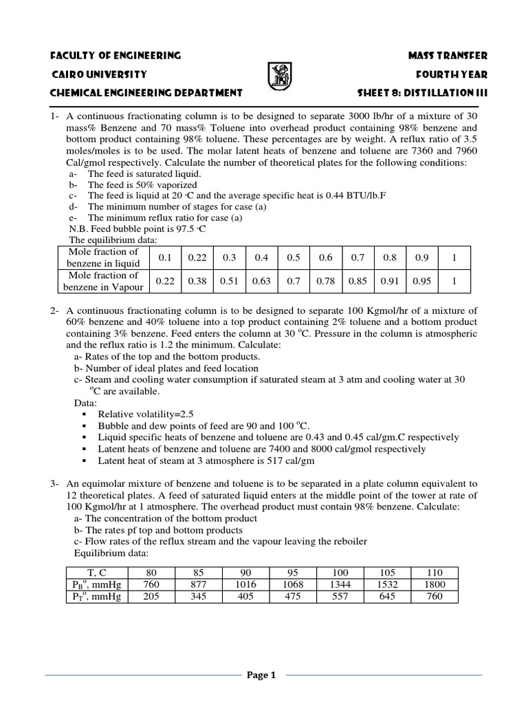 Sheet 8 McCabe Thiele | PDF | Mechanical Engineering | Distillation