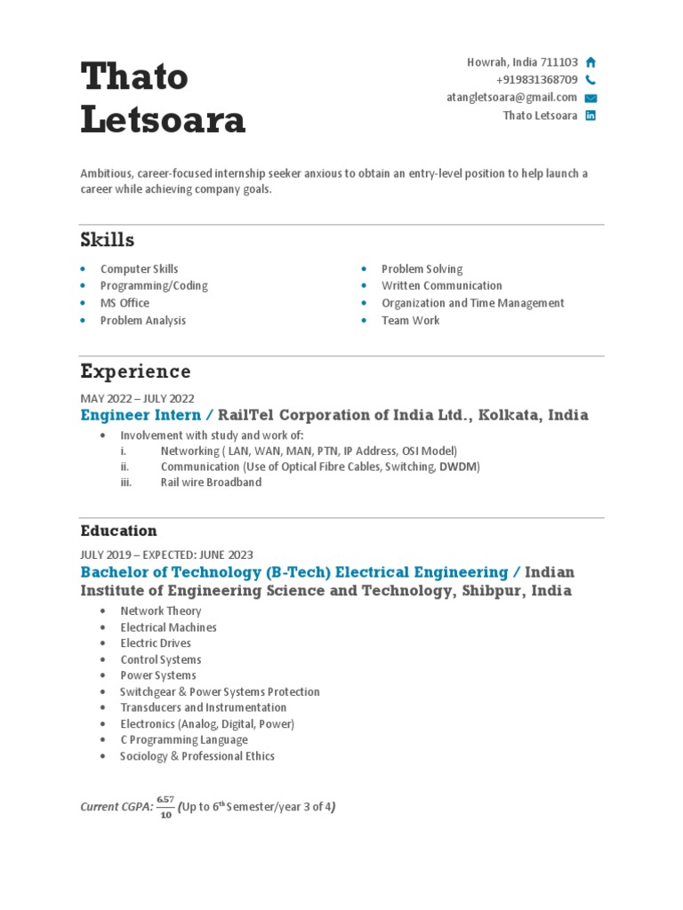 Thato Resume | PDF | Computer Network | Computer Science