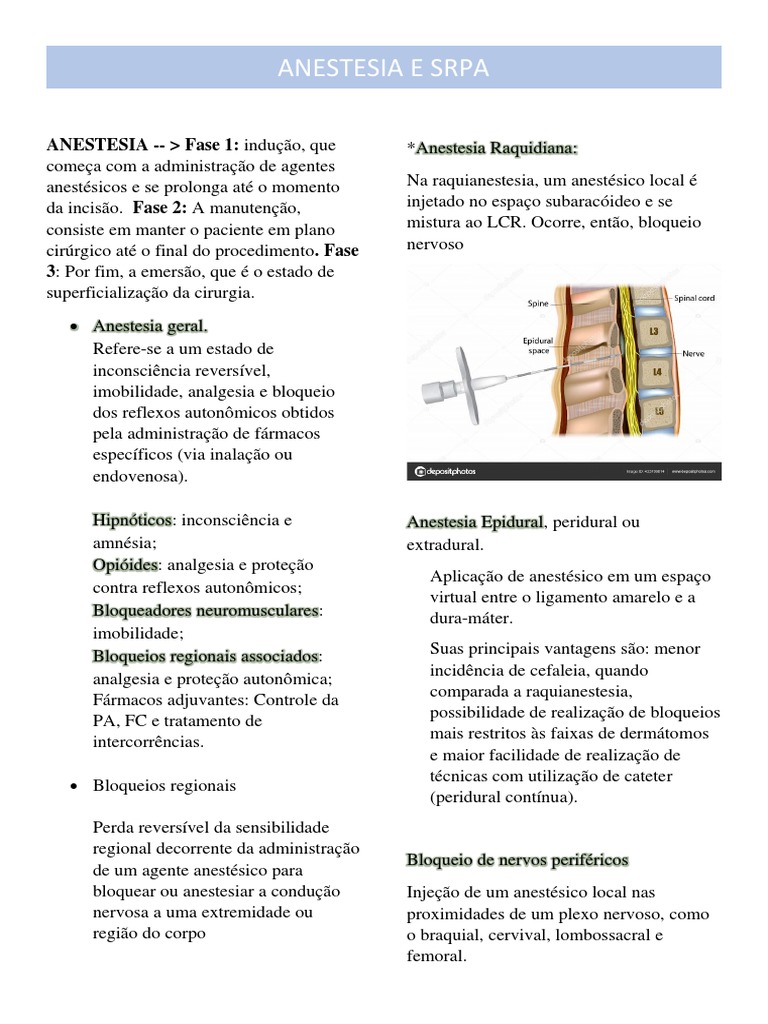 ANESTESIA E SRPA - Resumo | PDF | Anestesia | Sistema de saúde