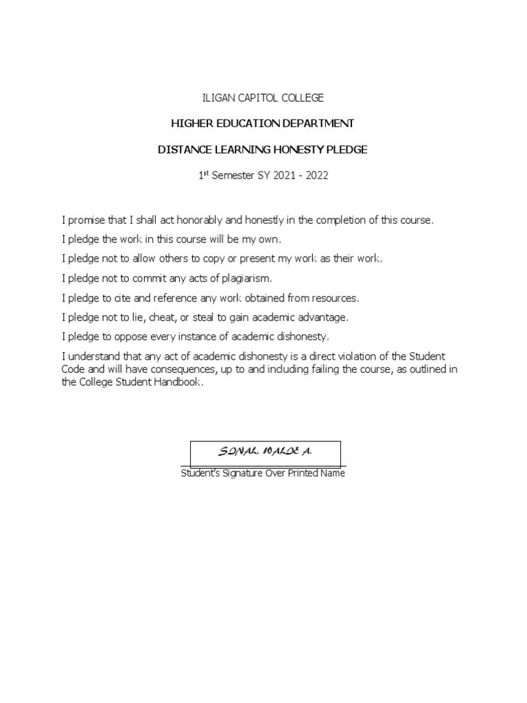 (Template) Distance-Learning-Honesty-Pledge | PDF | Career & Growth ...