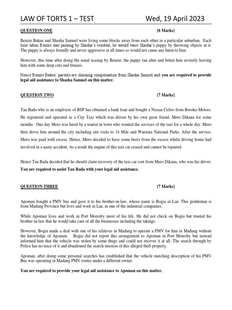 Take Home Test Law of Torts 1. | PDF | Motor Vehicle | Transport