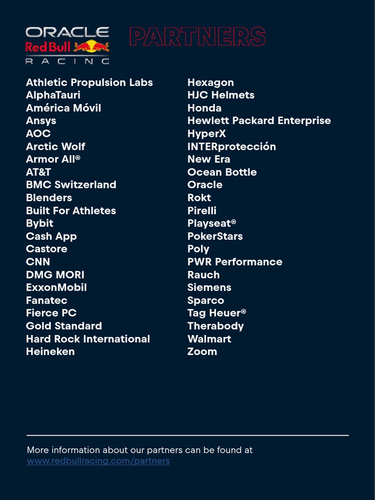 Oracle Red Bull Racing Sponsors and Partners List 10 03 23 | PDF