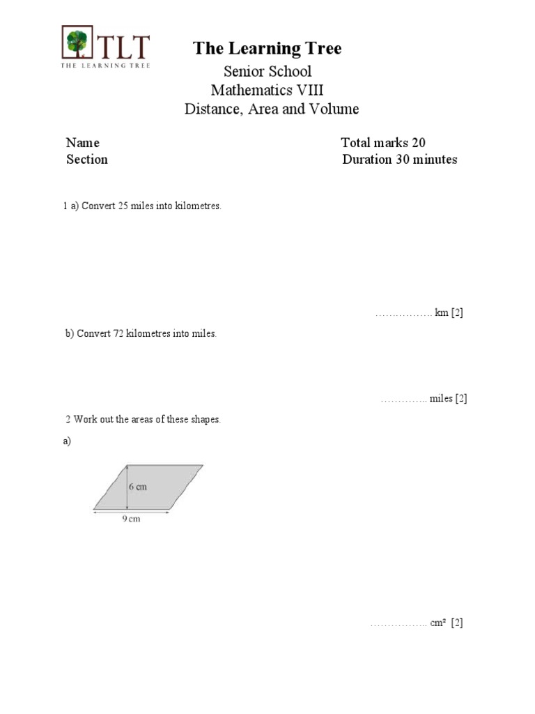 Quiz Distance, Area and Volume Grade 8 | PDF
