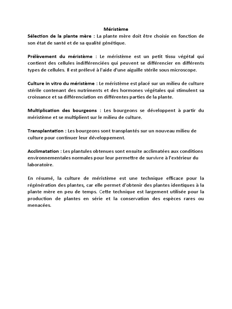 Culture de méristème et micropropagation | PDF