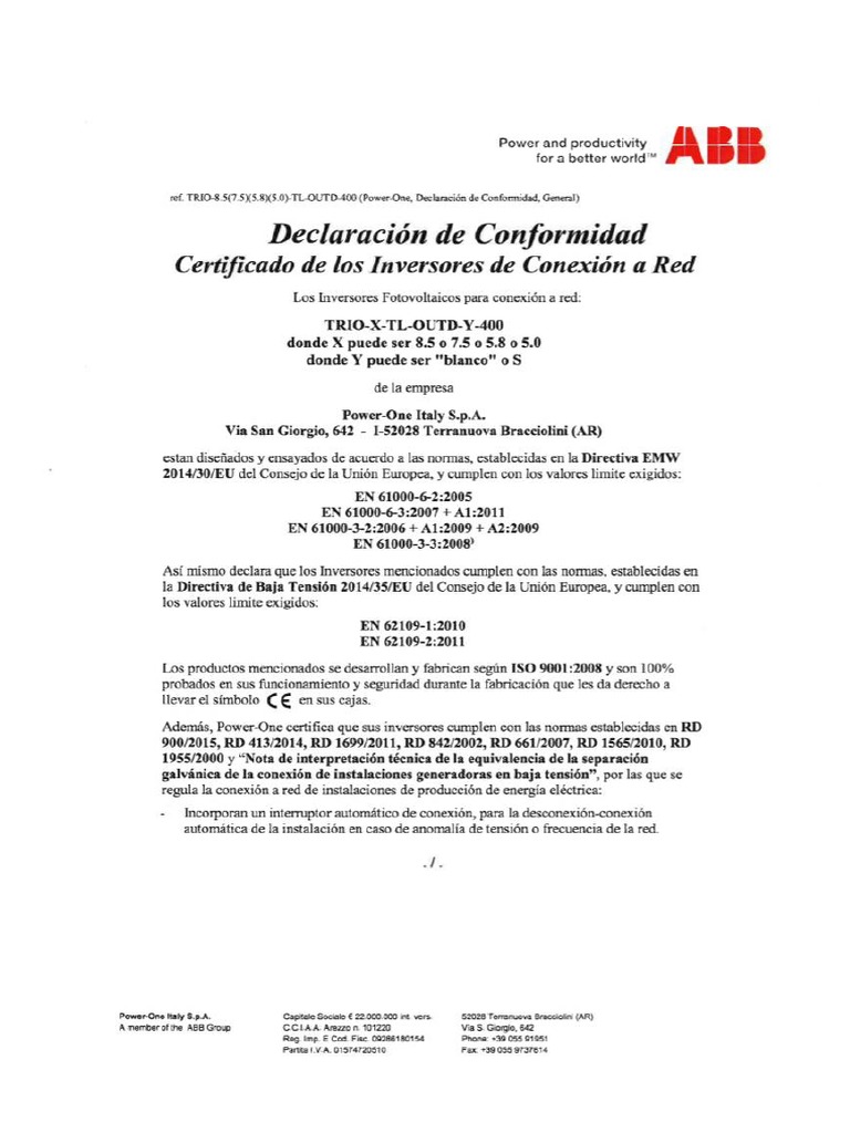 TRIO-8.5 (7.5) (5.8) (5.0) - TL-OUTD-400 (Declaracion de Conformidad ...