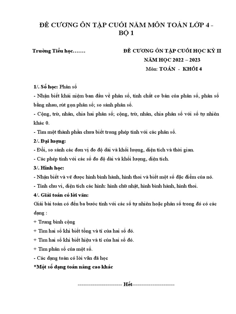 De Cuong Hoc Ki 2 Mon Toan Lop 4 | PDF