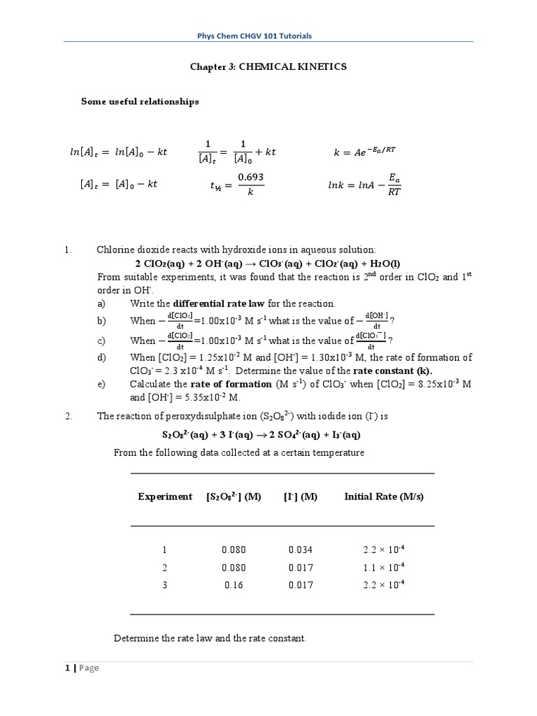 CHGV 101 Tutorial 3 Questions Kinetics | PDF | Reaction Rate Constant | Chemical Reactions