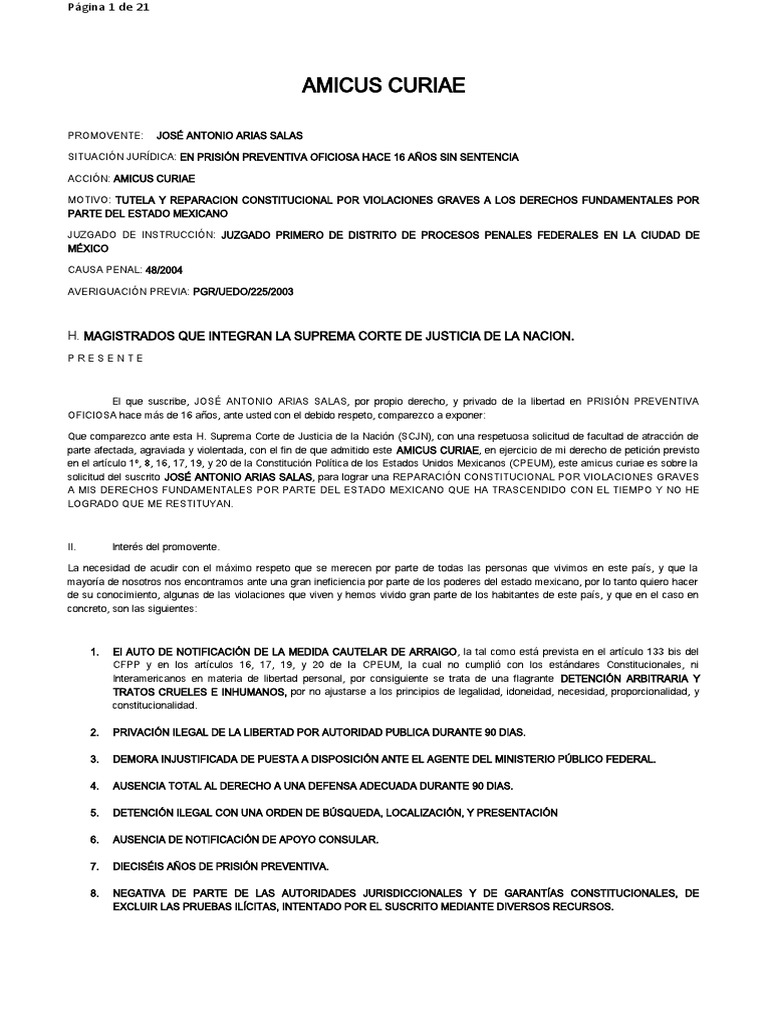 1 Amicue Curiae Arias SCJN | PDF | Debido al proceso | Convenio europeo ...