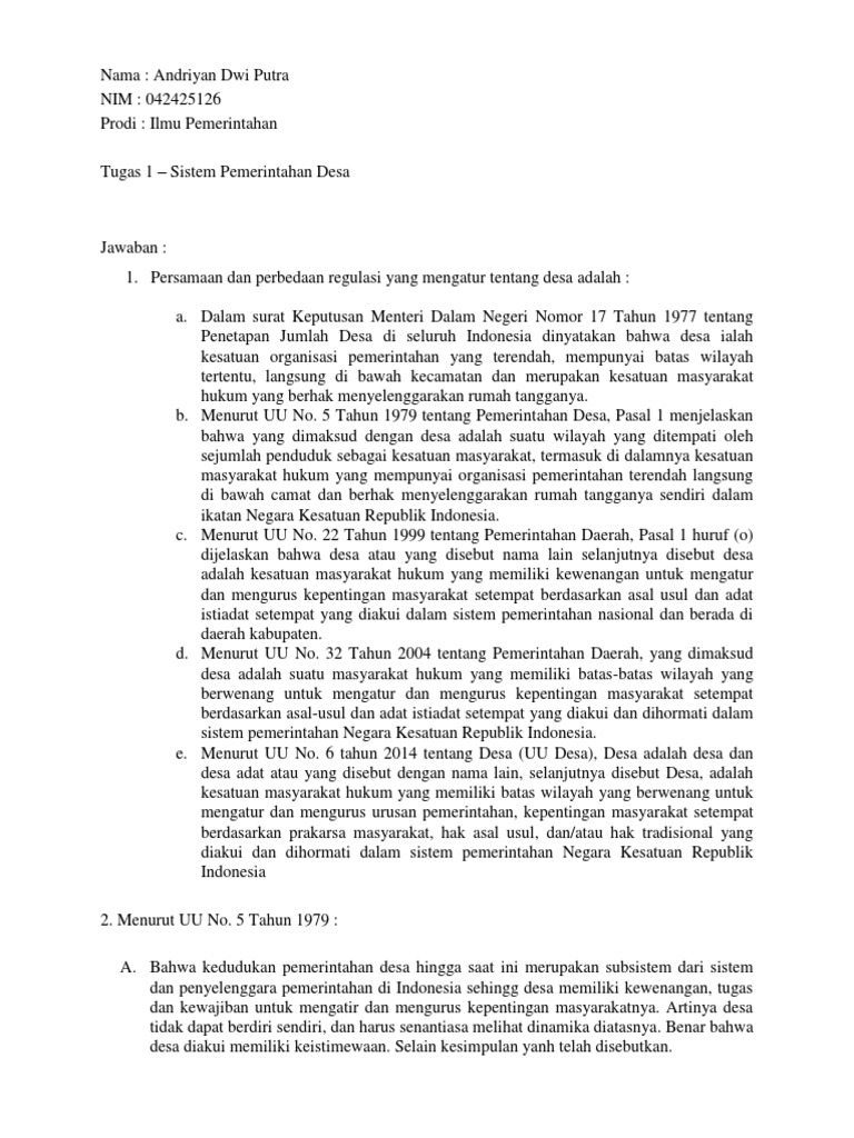 Tugas 1-Sistem Pemerintahan Desa-Andriyan Dwi Putra-042425126 | PDF