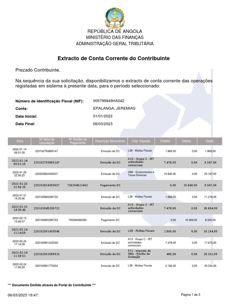Extracto de Conta Corrente Do Contribuinte: República de Angola | PDF